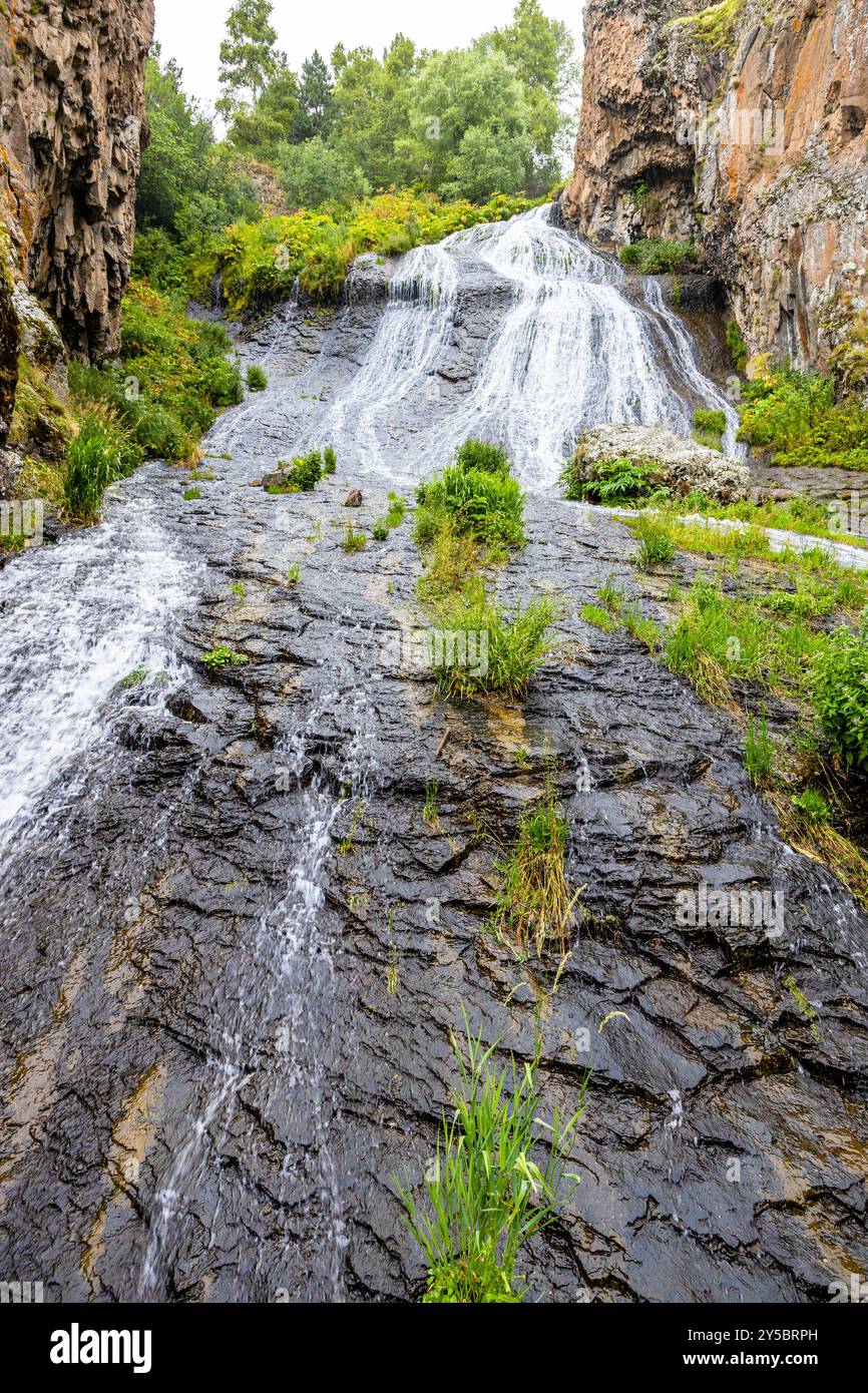 Jermuk Waterfall in Arpa river gorge on rainy summer day, Armenia Stock ...
