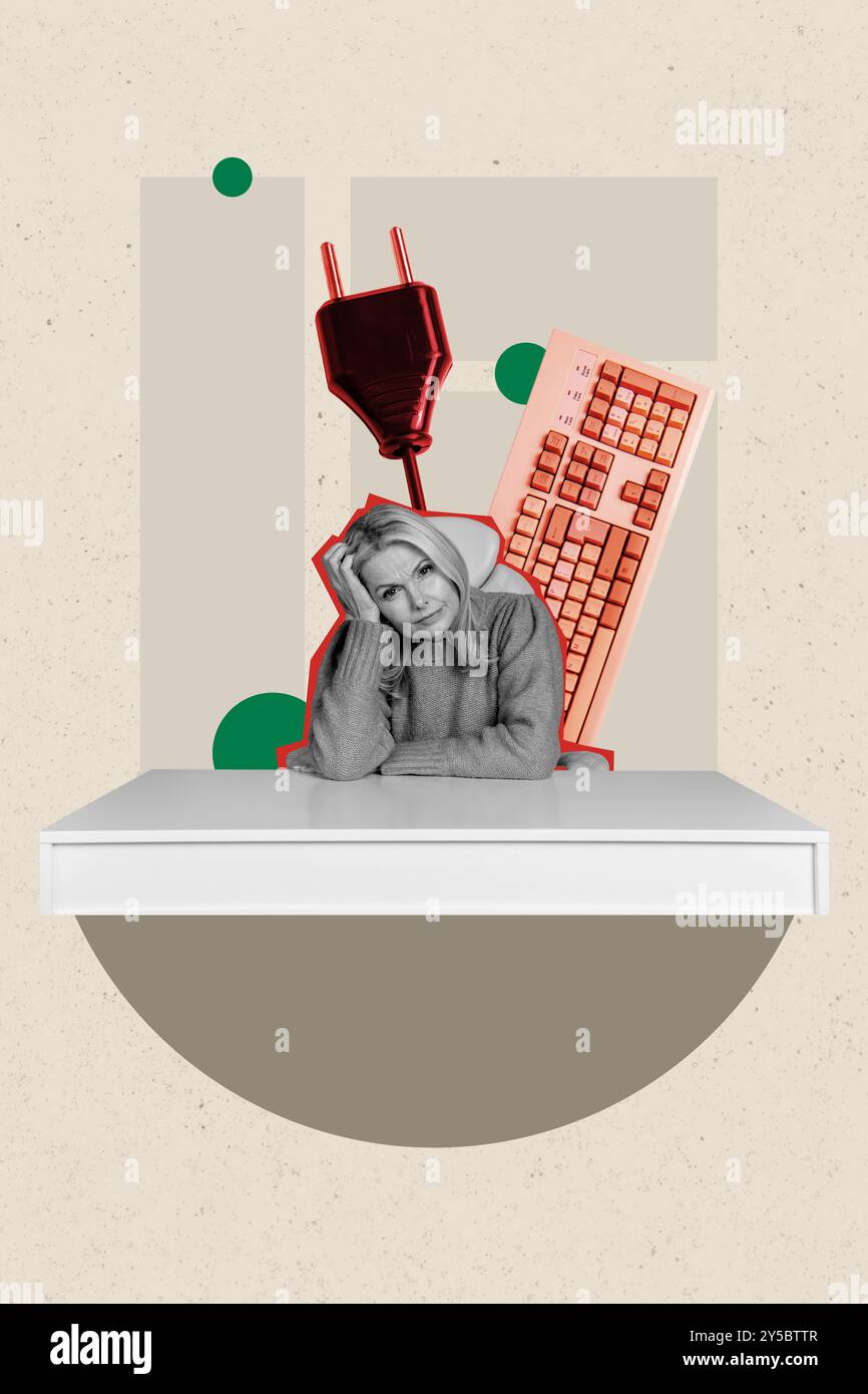 Vertical photo collage of old businesswoman sit office table keyboard ...