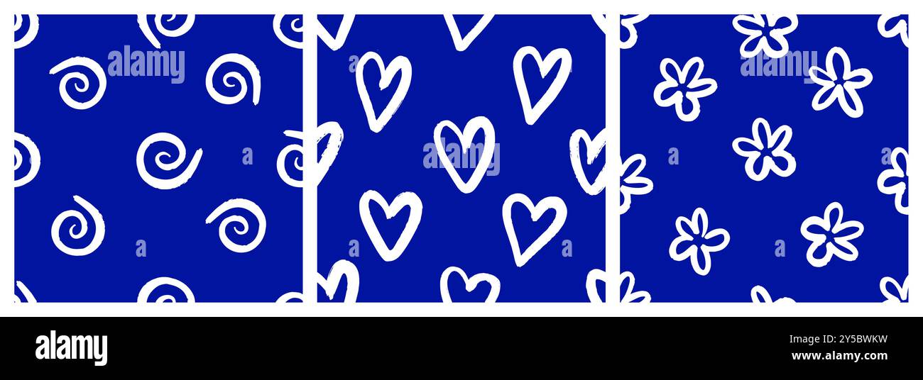 Naive playful seamless pattern set with doodle Hearts, Daisy and ...