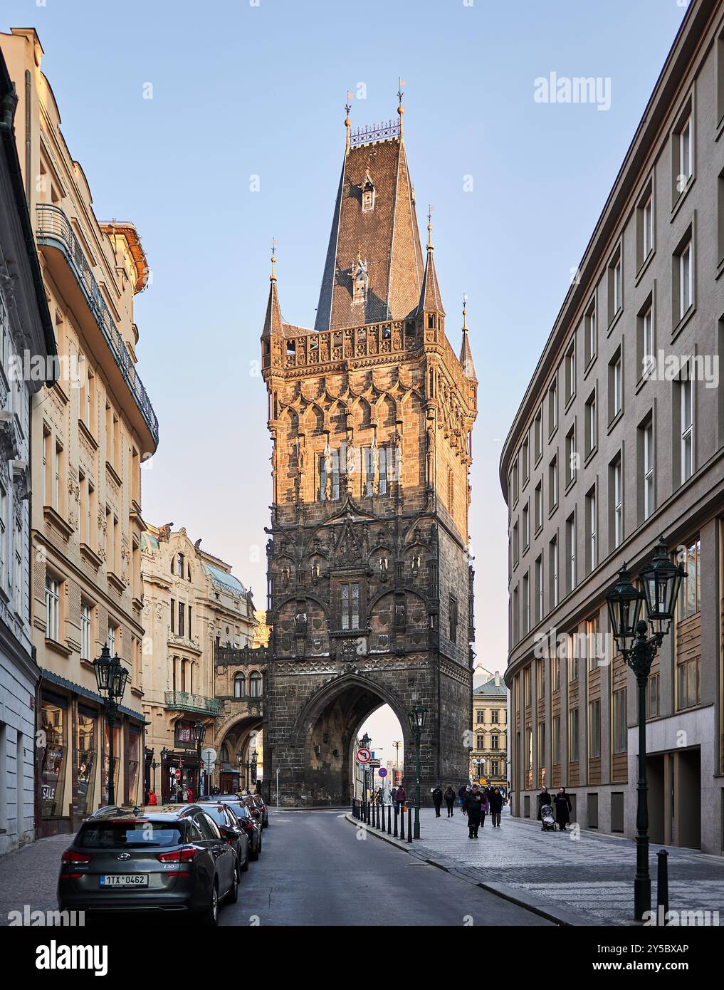 Powder Gate gothic tower (Prasna brana), historical landmark in Prague, Czech Republic on 8 ...