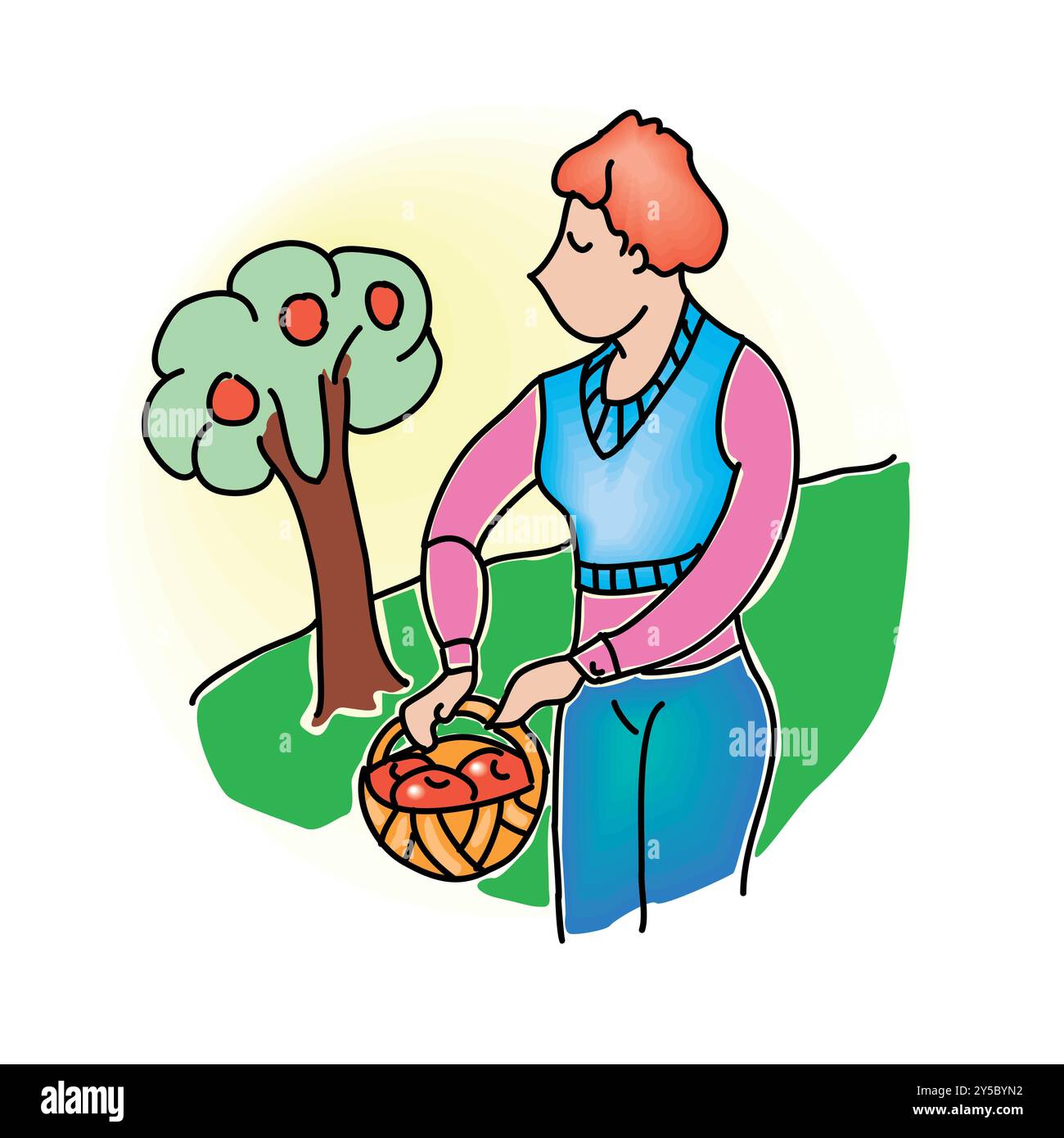 Farming woman picking apples in garden vector, isolated female wearing ...
