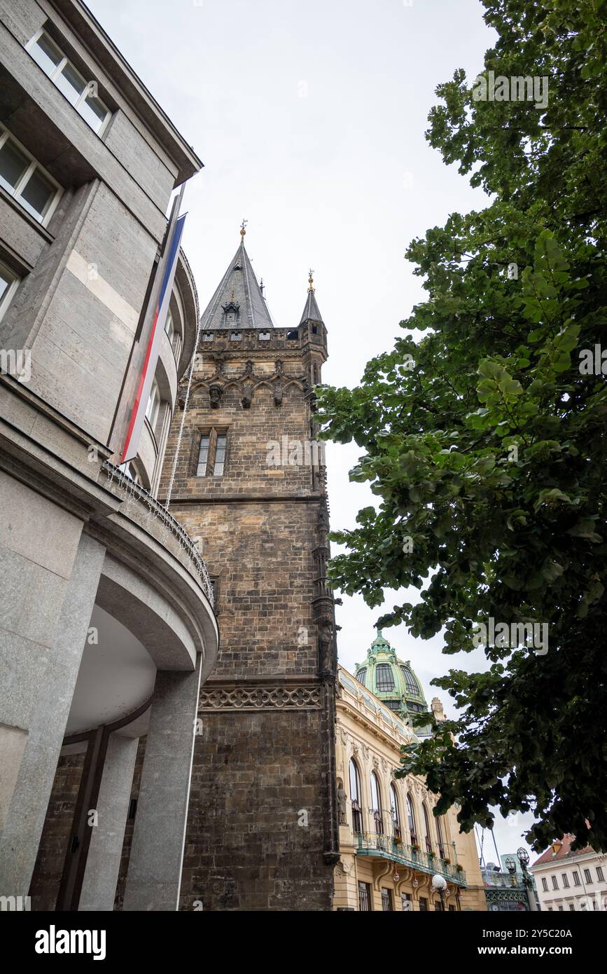 Powder Gate gothic tower (Prasna brana), historical landmark in Prague, Czech Republic on 3 July ...