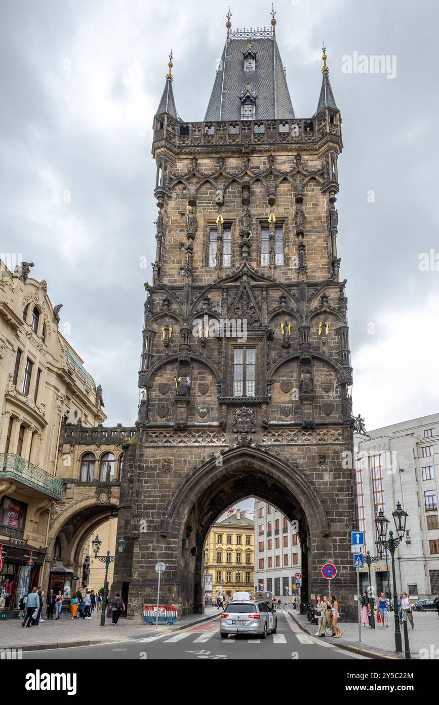 Powder Gate gothic tower (Prasna brana), historical landmark in Prague, Czech Republic on 3 July ...