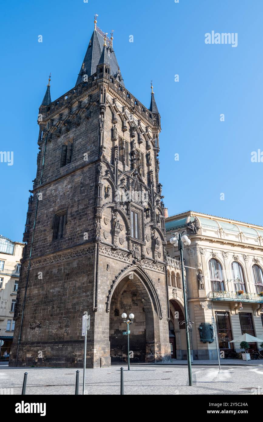 Powder Gate gothic tower (Prasna brana), historical landmark in Prague, Czech Republic on 9 July ...