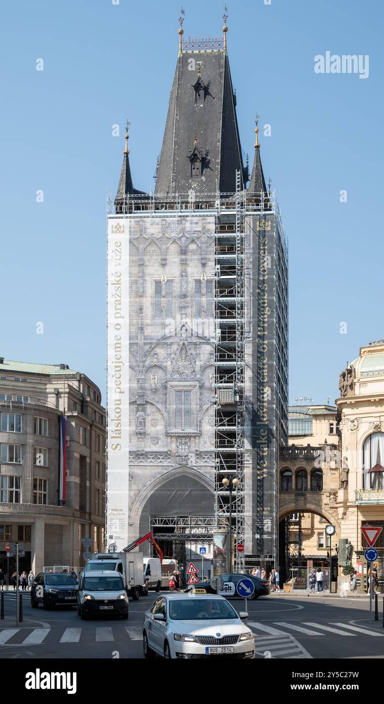 Renovation works on Powder Gate gothic tower (Prasna brana), historical ...