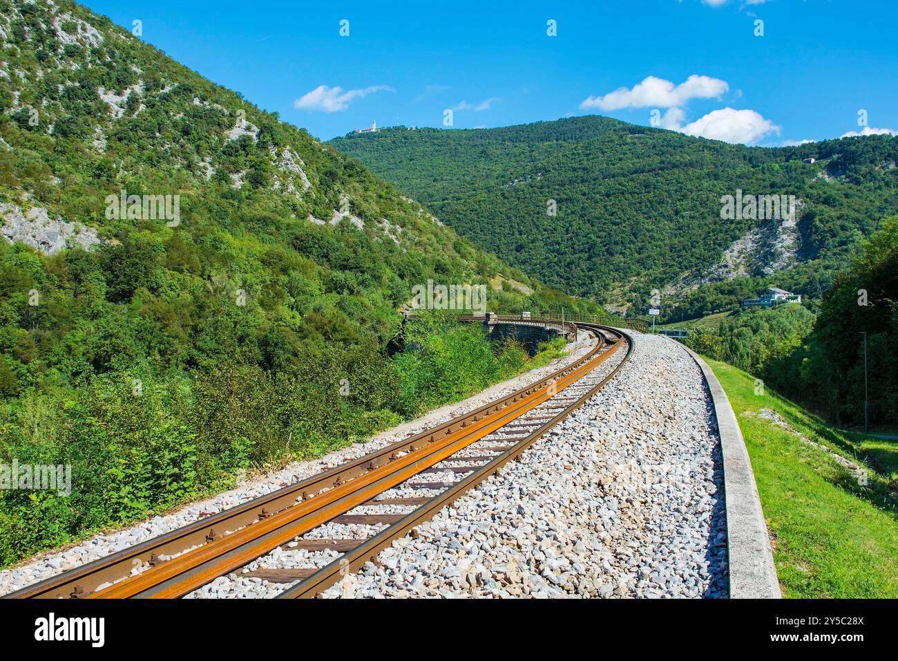 Rail line crossing Solkan Bridge over River Soca, Solkan, Nova Gorica ...