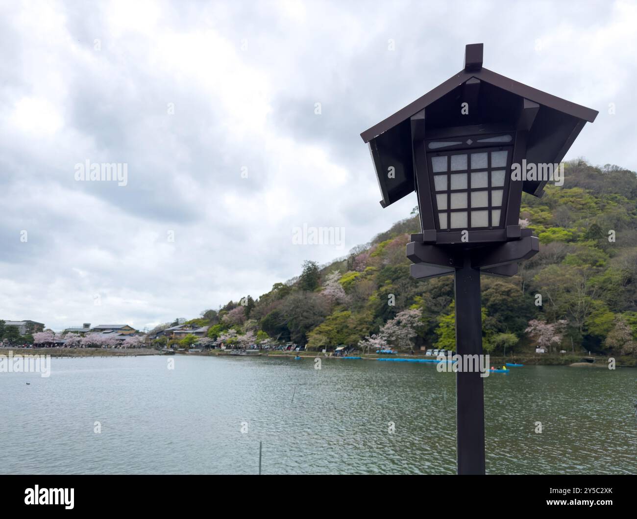 Wooden street lamp in Japan. Traditional roadside light in Uli bridge ...