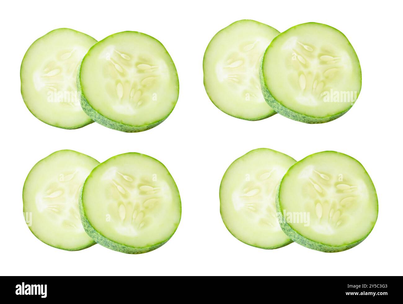 Top view set of fresh green cucumber slices in circle shape in stack is ...
