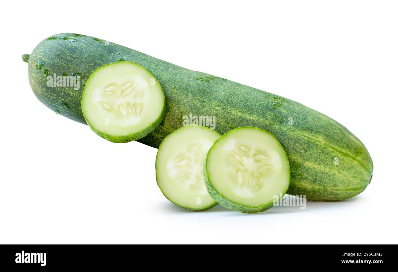 Side view of fresh green cucumber with slices in circle shape in stack ...