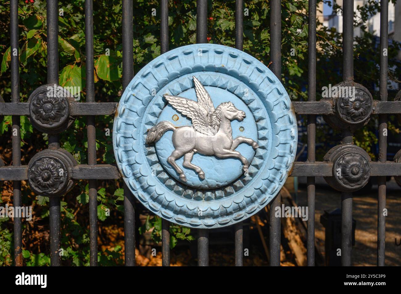 London, UK. Pegasus - the symbol of Inner Temple - emblem on the gates ...