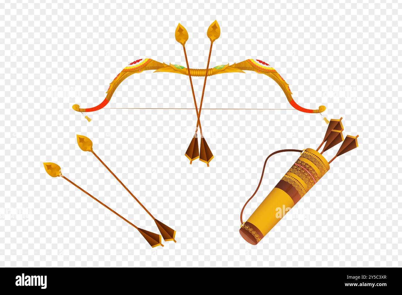 Vector illustration of golden decorated bow and arrow weapon on ...