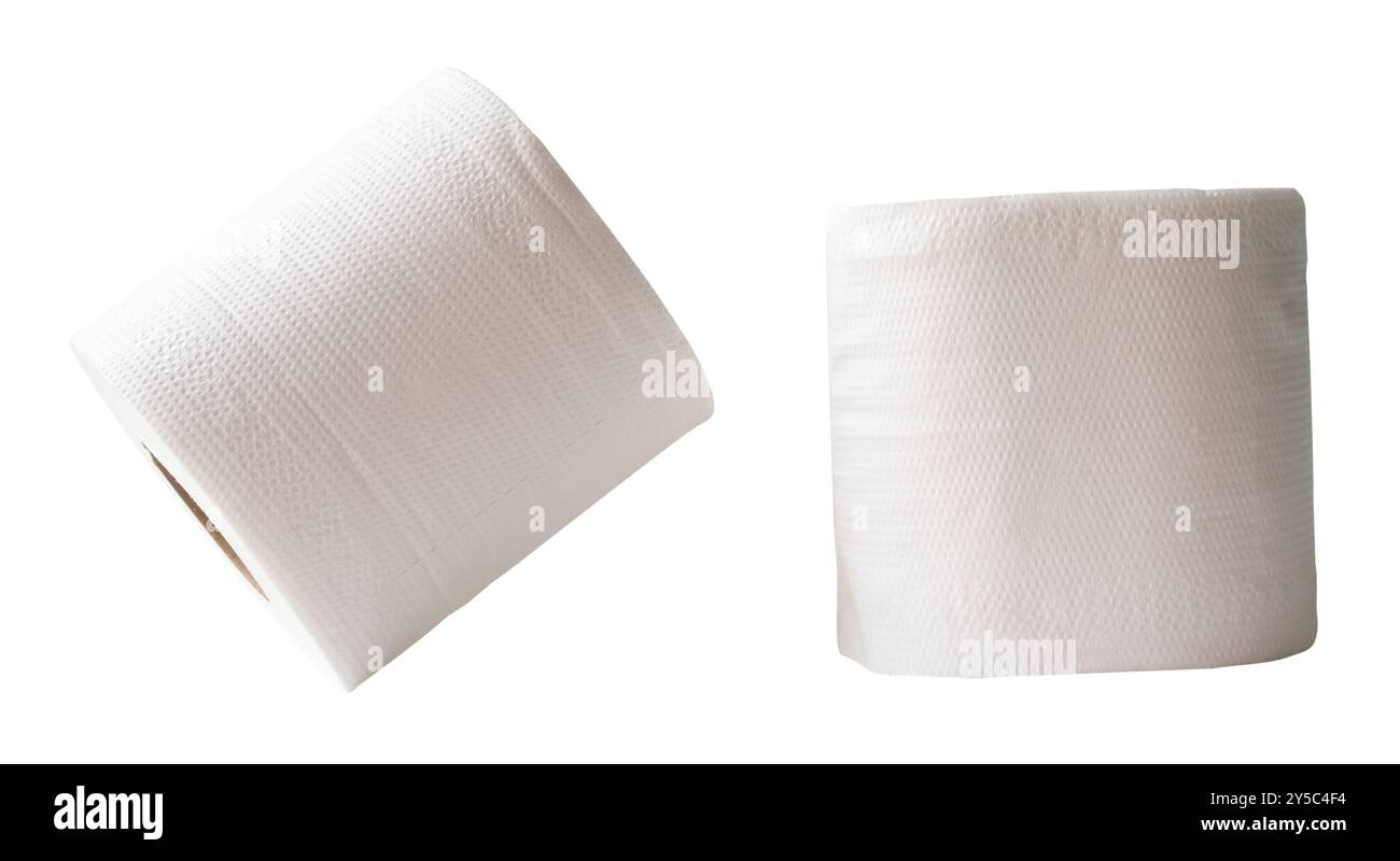 Side view set of white tissue paper rolls is isolated on white ...