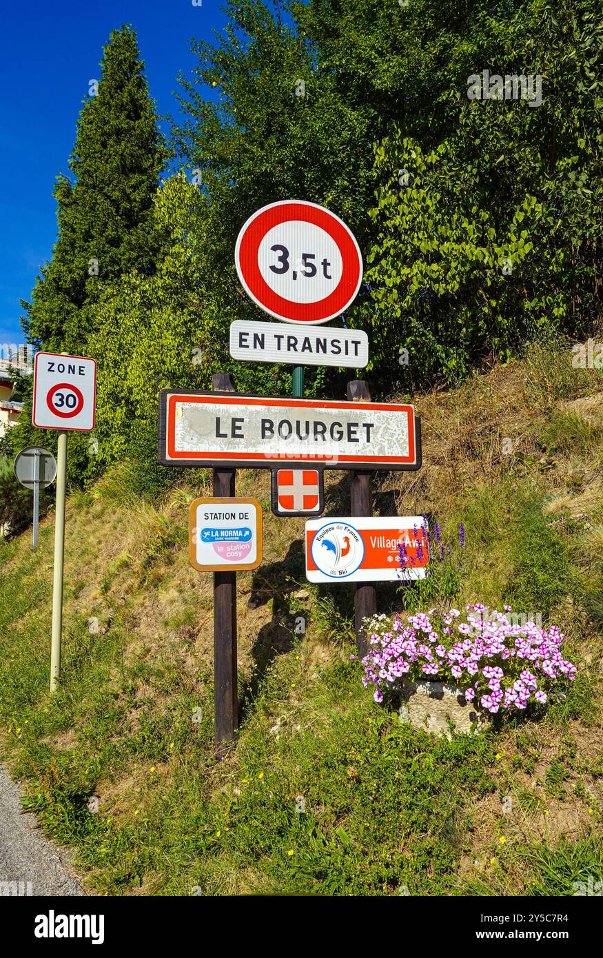 Signs and flowers outside the small village of Le Bourget, France Stock ...