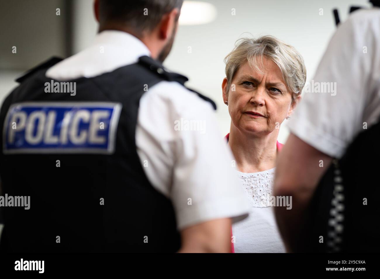 Home Secretary Yvette Cooper speaks to police officers who were on duty ...