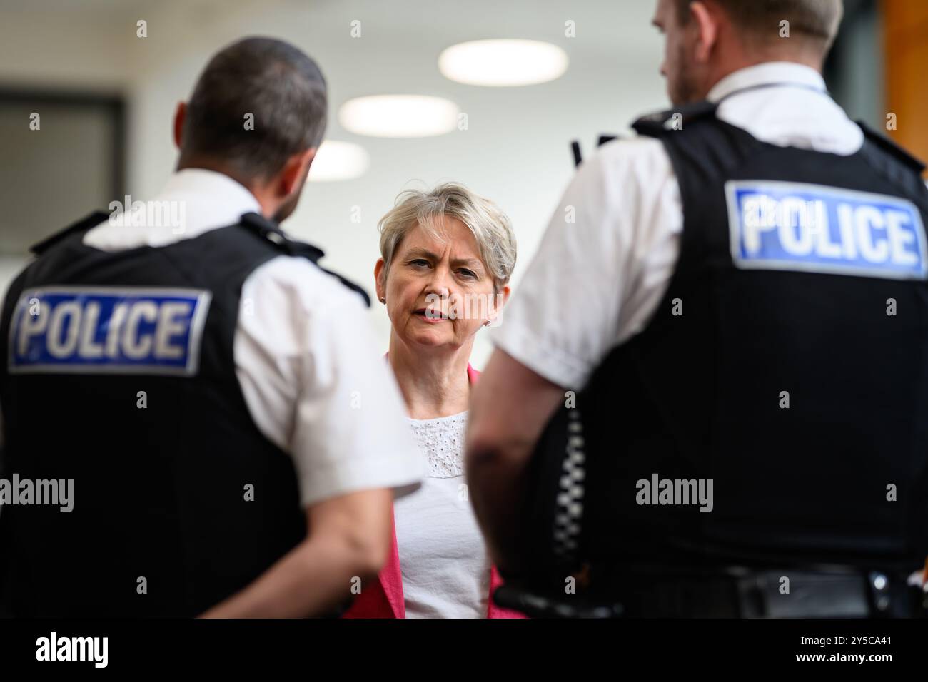 Home Secretary Yvette Cooper speaks to police officers who were on duty ...