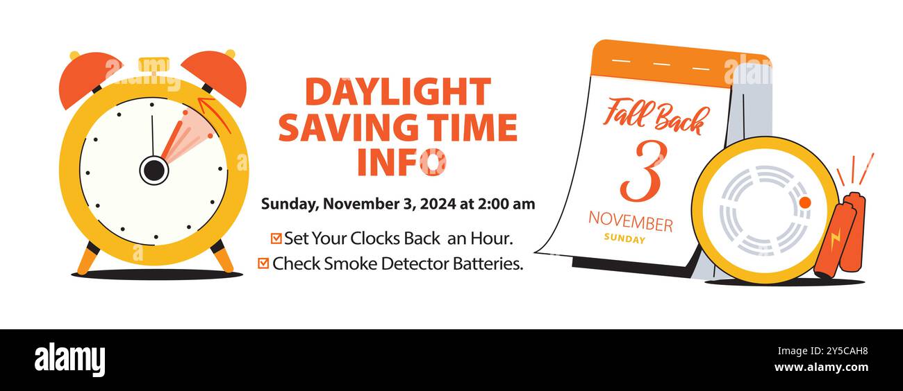 Daylight Saving Time Info Banner Reminder. Clock with turning arrows ...