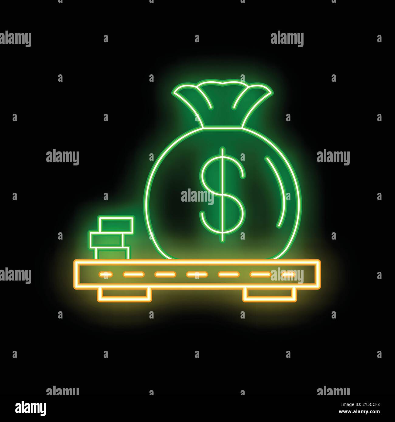 Neon sign representing a money bag on a scale with a dollar sign ...