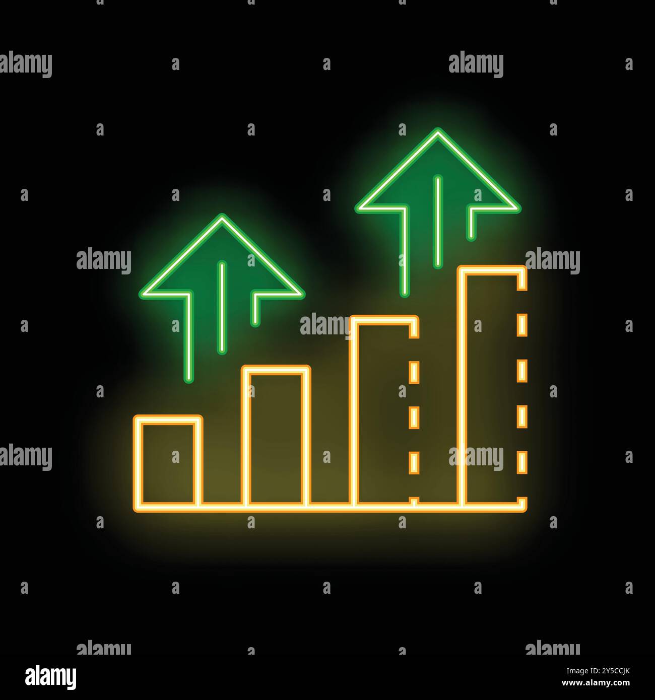Neon bars chart growing up with green up arrows on black background ...