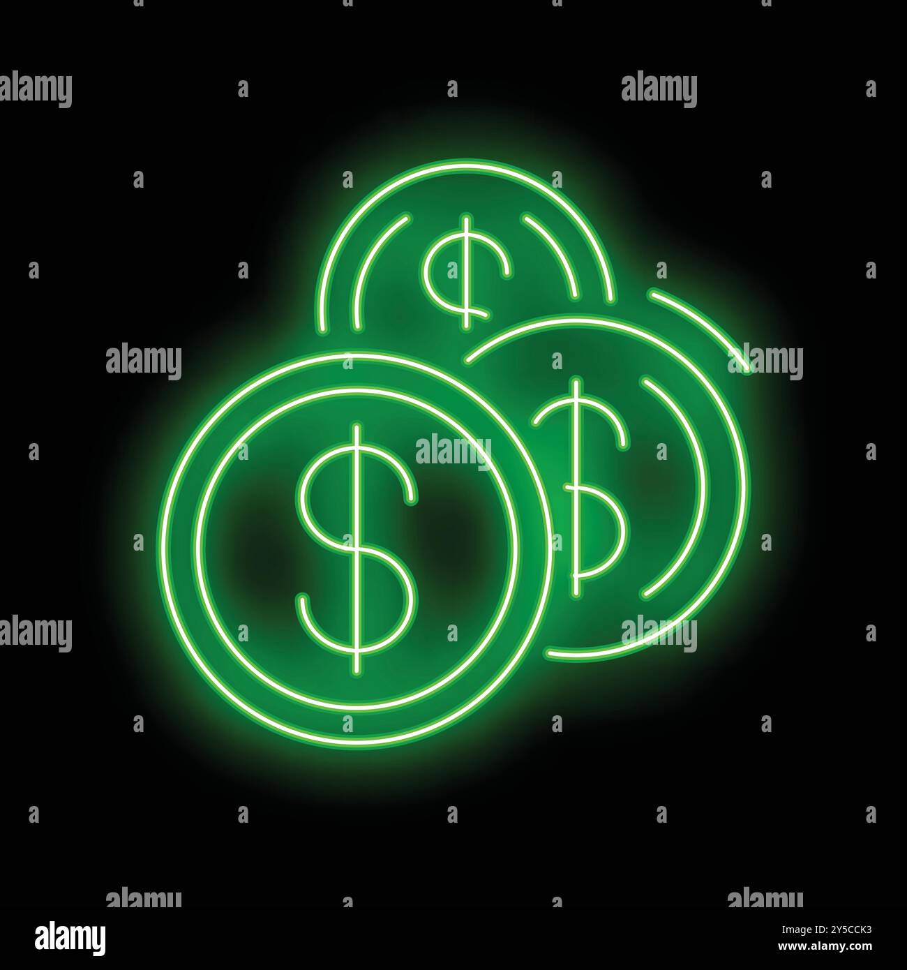 Green neon sign showing a stack of three dollar coins glowing on a ...