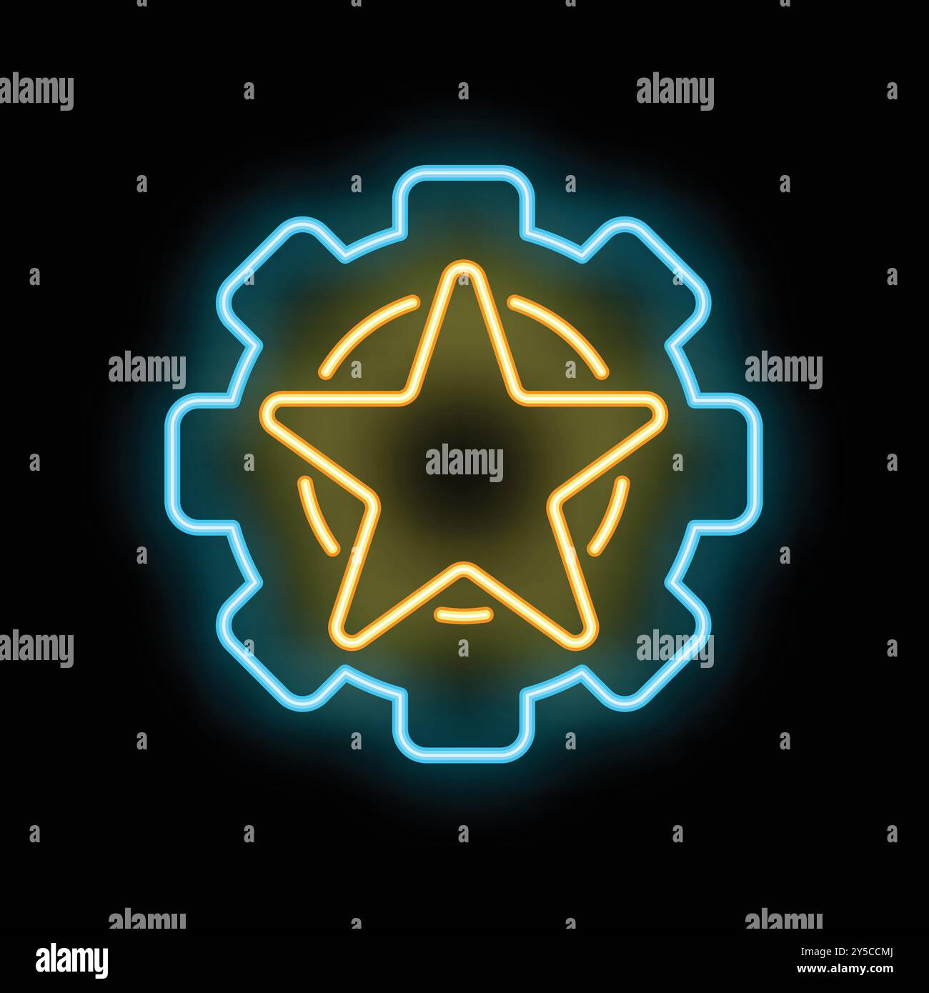 Glowing neon sign depicting a gear with a star in the center ...