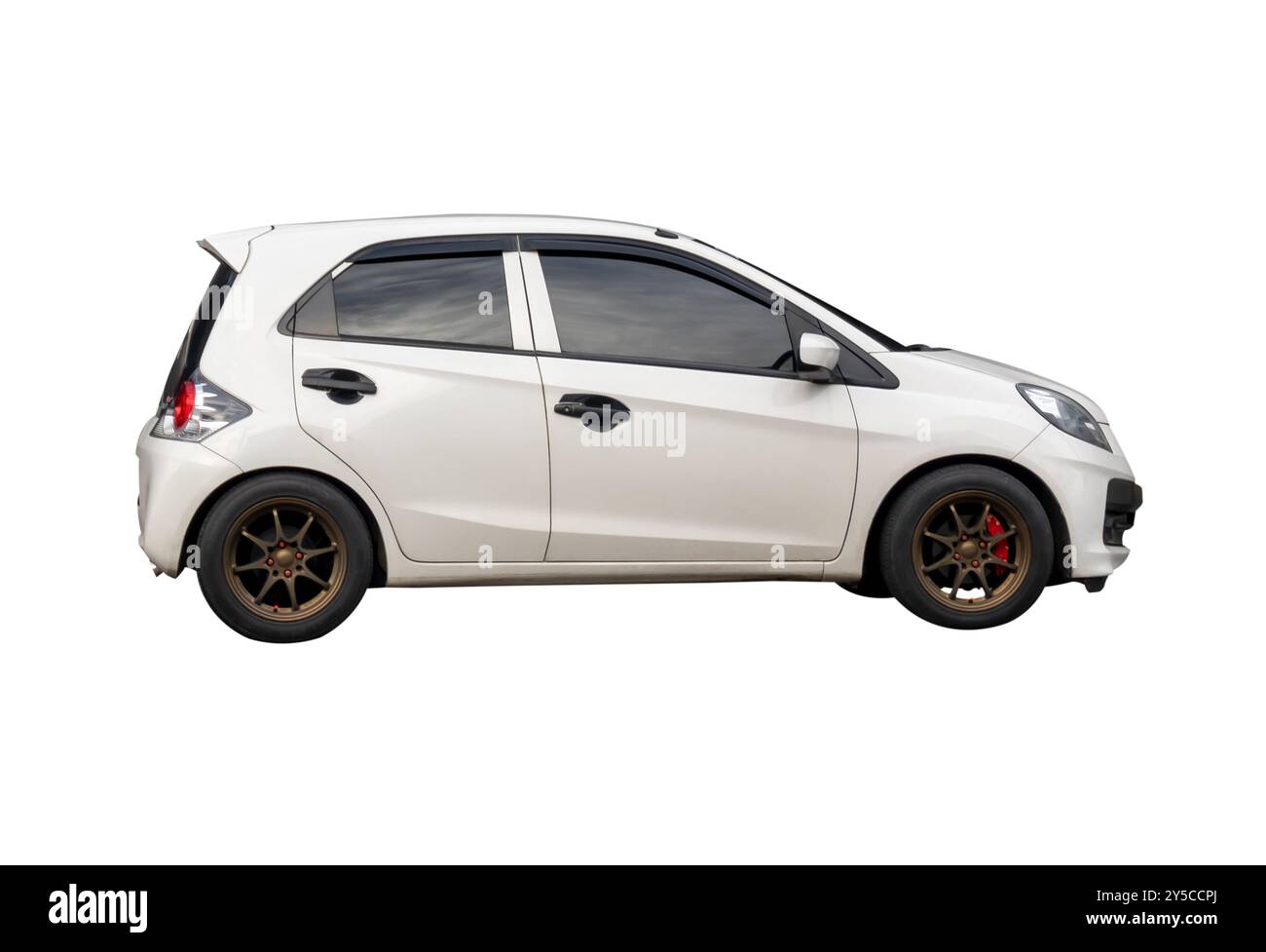 Side view of white mini or small car is isolated on white background ...