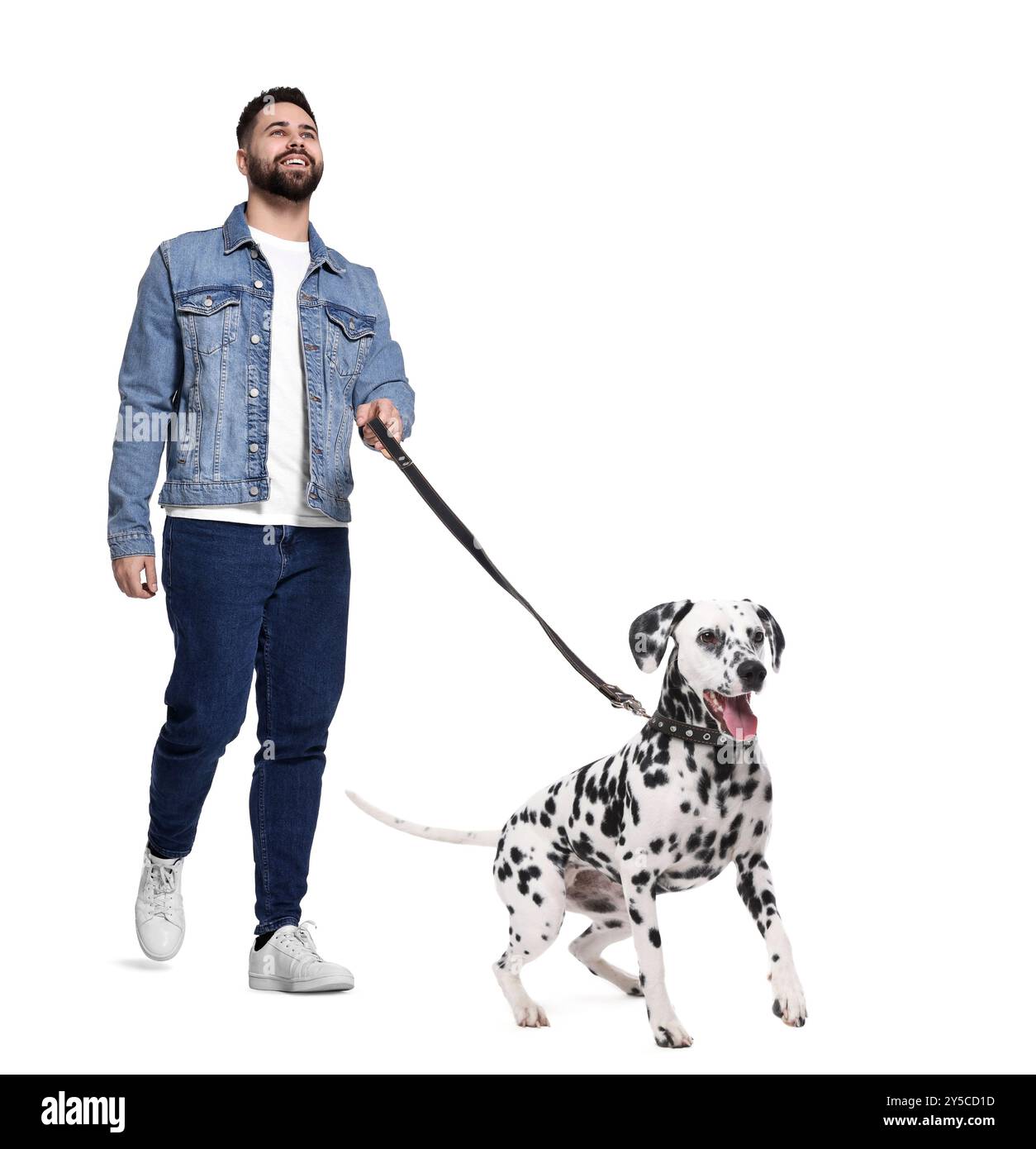 Young man walking his dog on white background Stock Photo - Alamy