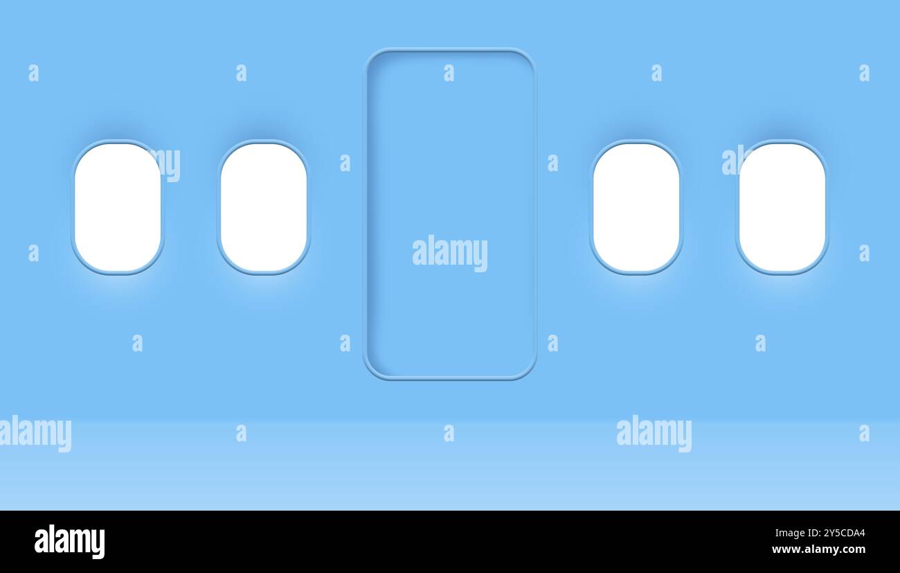 Airplane windows and door, view from inside cabin with light blue ...