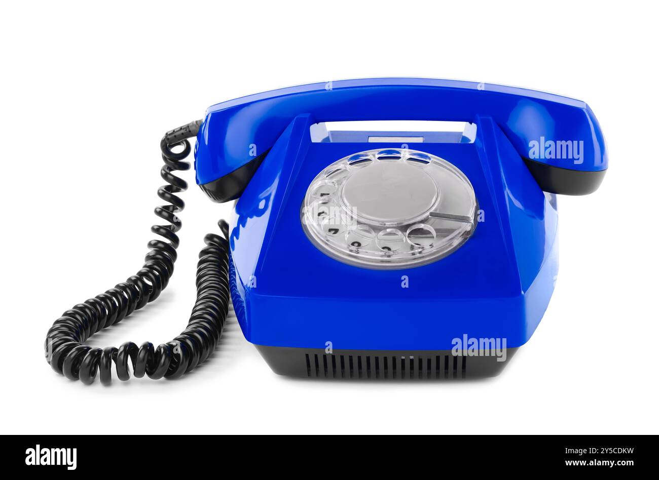 Old blue telephone with rotary dial isolated on white Stock Photo - Alamy