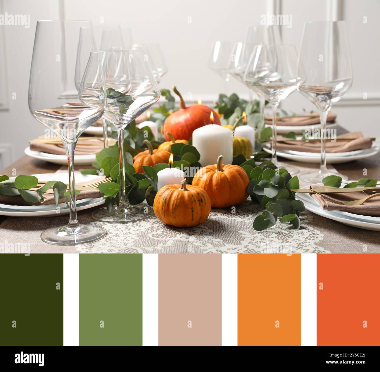 Shades of fall. Autumn table setting and matching color palette Stock ...