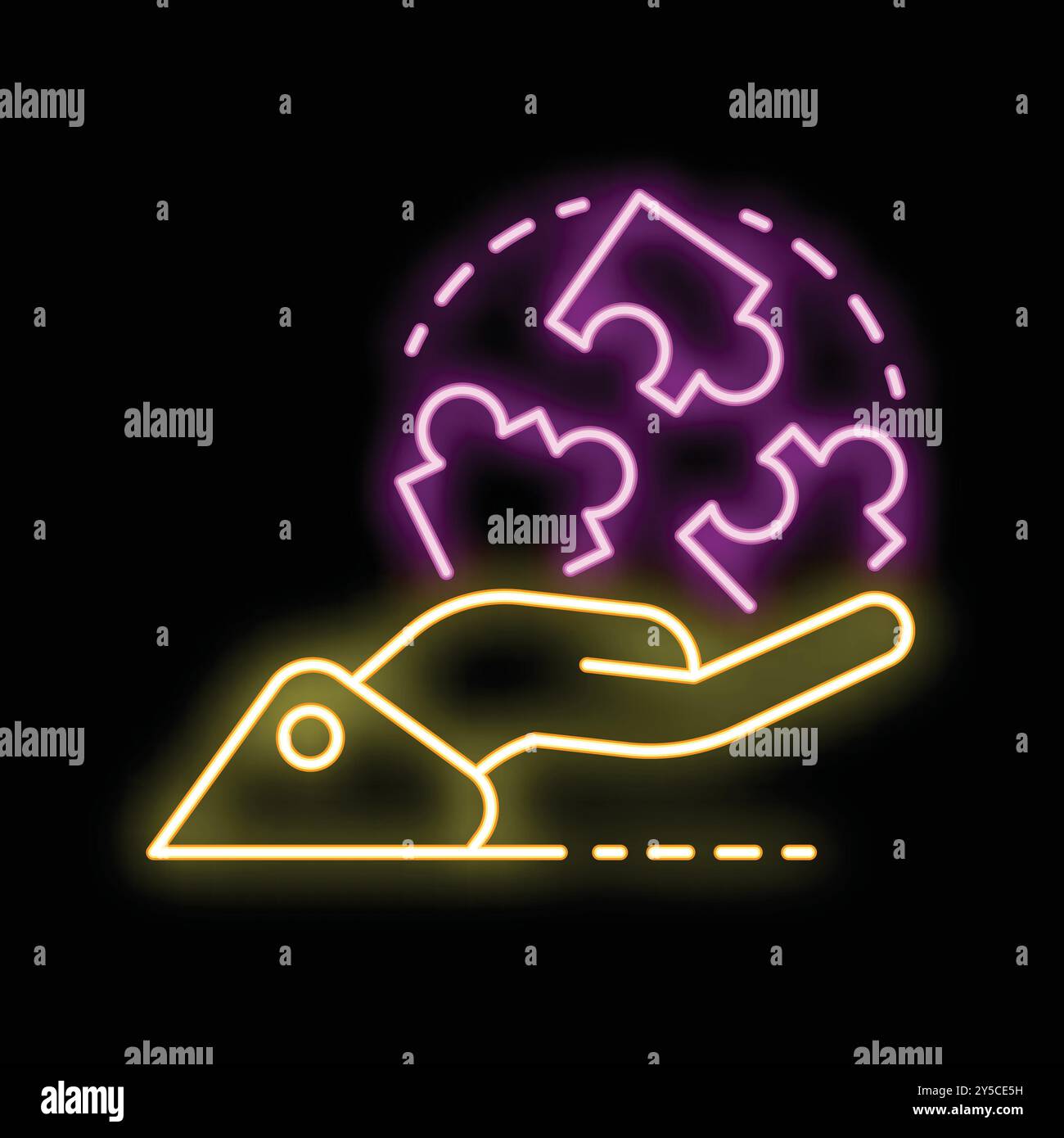 Neon sign of a hand holding jigsaw puzzle pieces, representing problem solving, teamwork, and ...