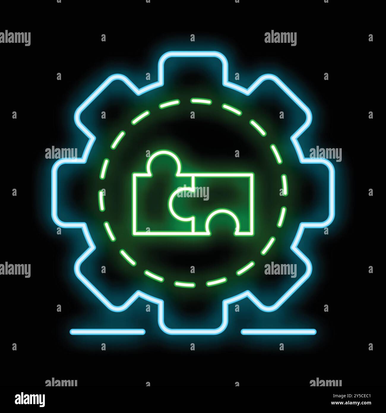 Neon icon showing a gear with puzzle pieces, symbolizing the concept of ...
