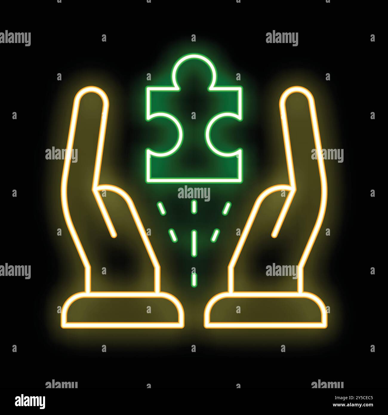 Neon icon of two hands holding a bright green puzzle piece ...