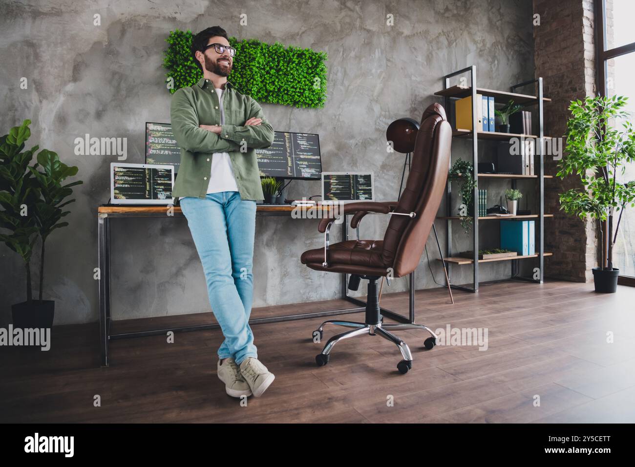 Full body portrait of professional hacker young man crossed arms ...