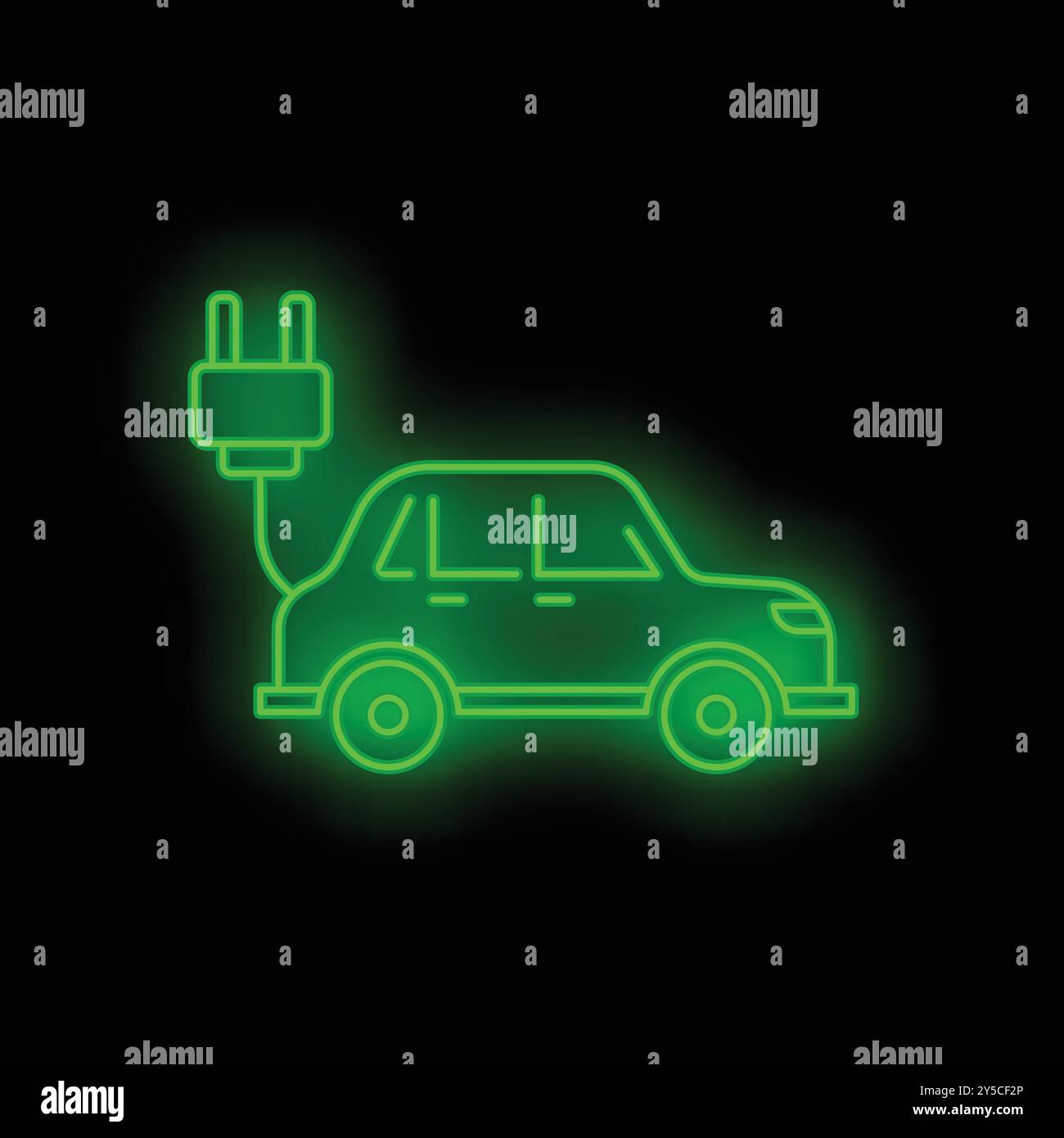 Green neon icon of an electric car charging with a plug on a black ...