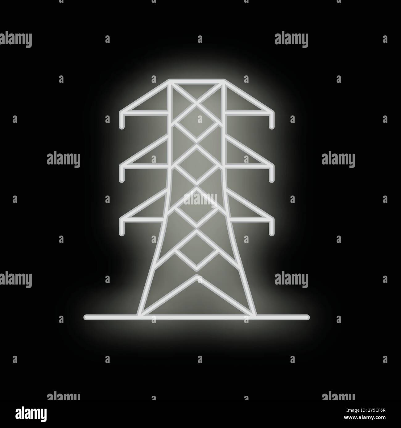 Minimalistic glowing white neon icon of high voltage electric pylon ...