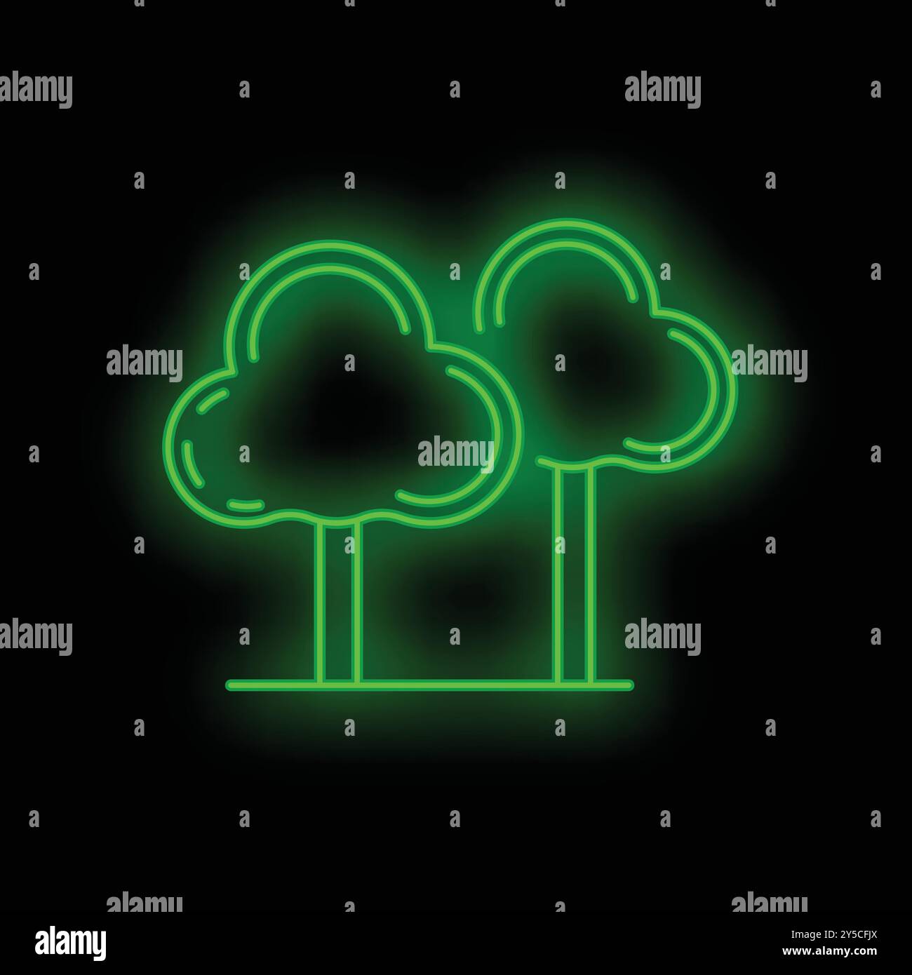 Green neon sign depicting two stylized trees growing side by side on a ...