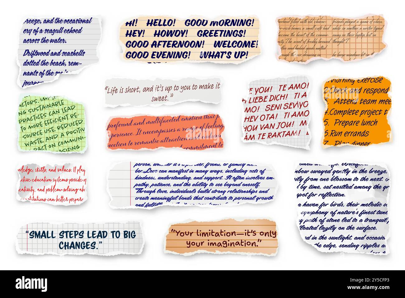 Ripped paper strips with handwritten text. Realistic crumpled paper ...