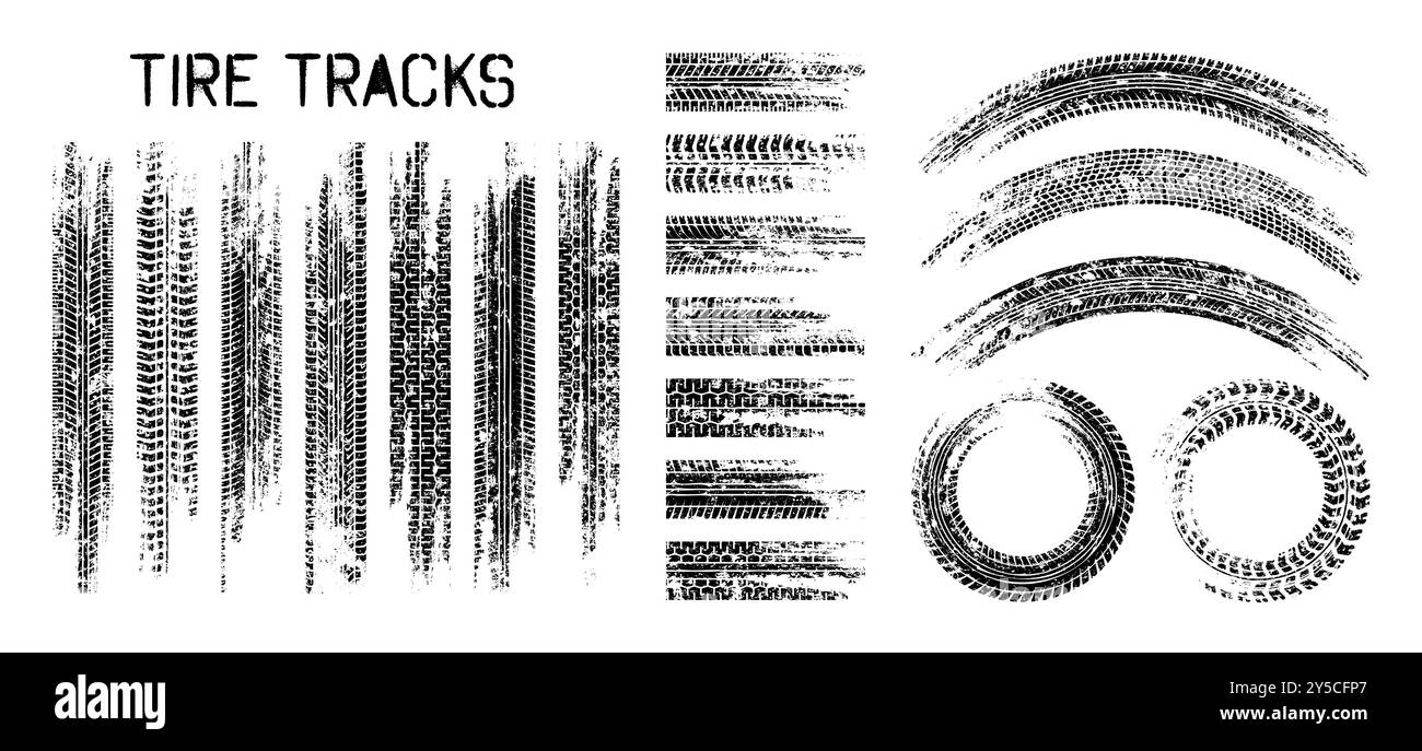 Grunge tire tracks, wheel braking marks. Truck, car or motorcycle tread ...