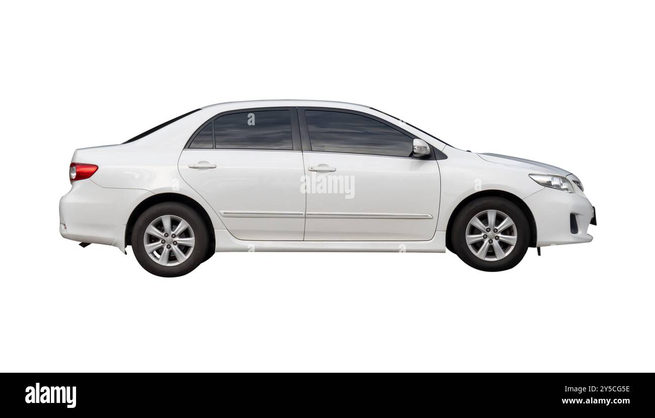Side view of white sedan car is isolated on white background with ...