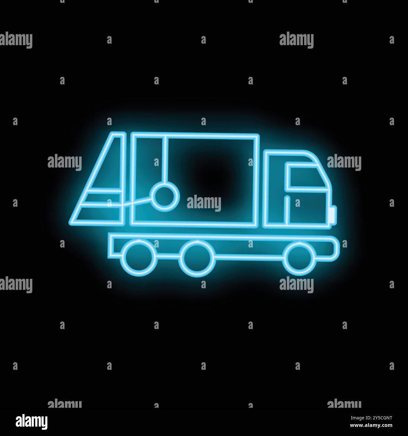 Blue neon sign of a garbage truck collecting waste on black background ...