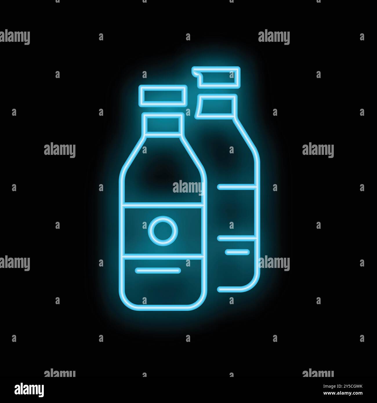Blue neon icon of two bottles, one with a round label, glowing against ...