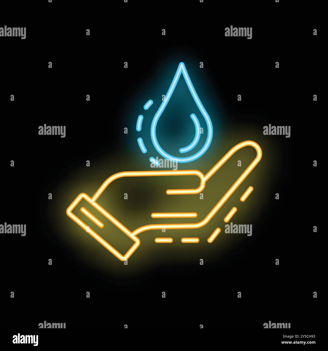 Neon sign depicting a hand carefully holding a water drop, symbolizing ...