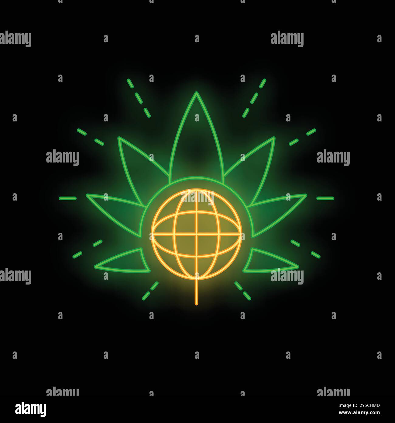 Neon sign illuminating a cannabis leaf surrounding earth globe ...