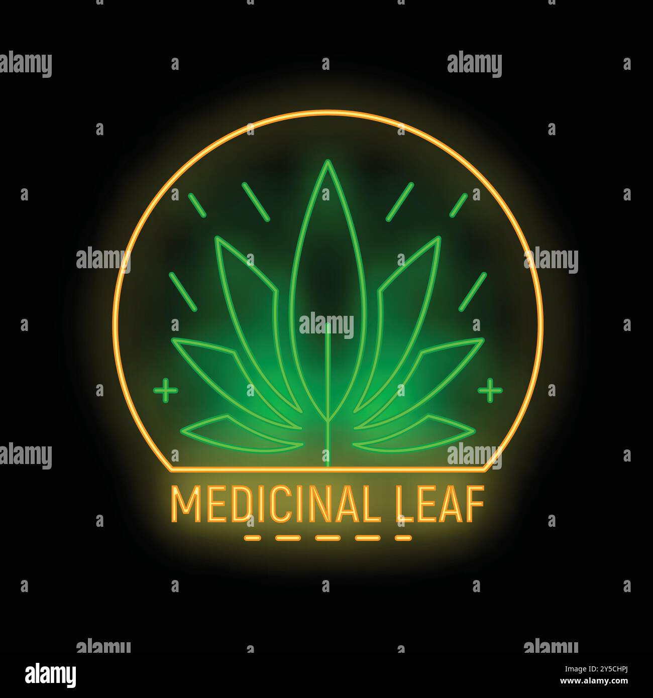 Green neon sign promoting medicinal leaf with glowing cannabis plant ...