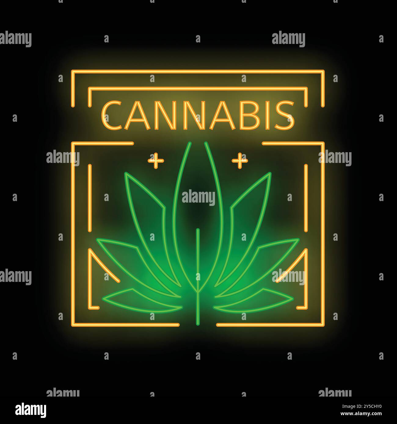 Bright luminous yellow and green neon sign showing a cannabis leaf, for ...