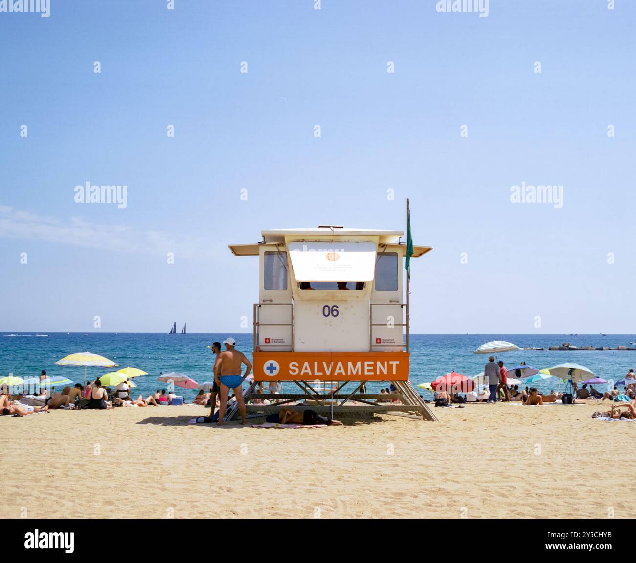 Lifeguards watchtower at the beach in La Barceloneta (Platja de la ...