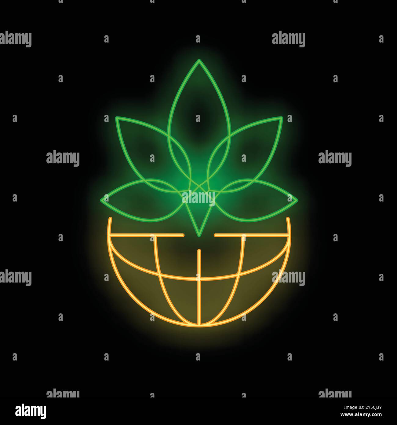 Neon sign of a cannabis leaf growing from planet earth, representing ...