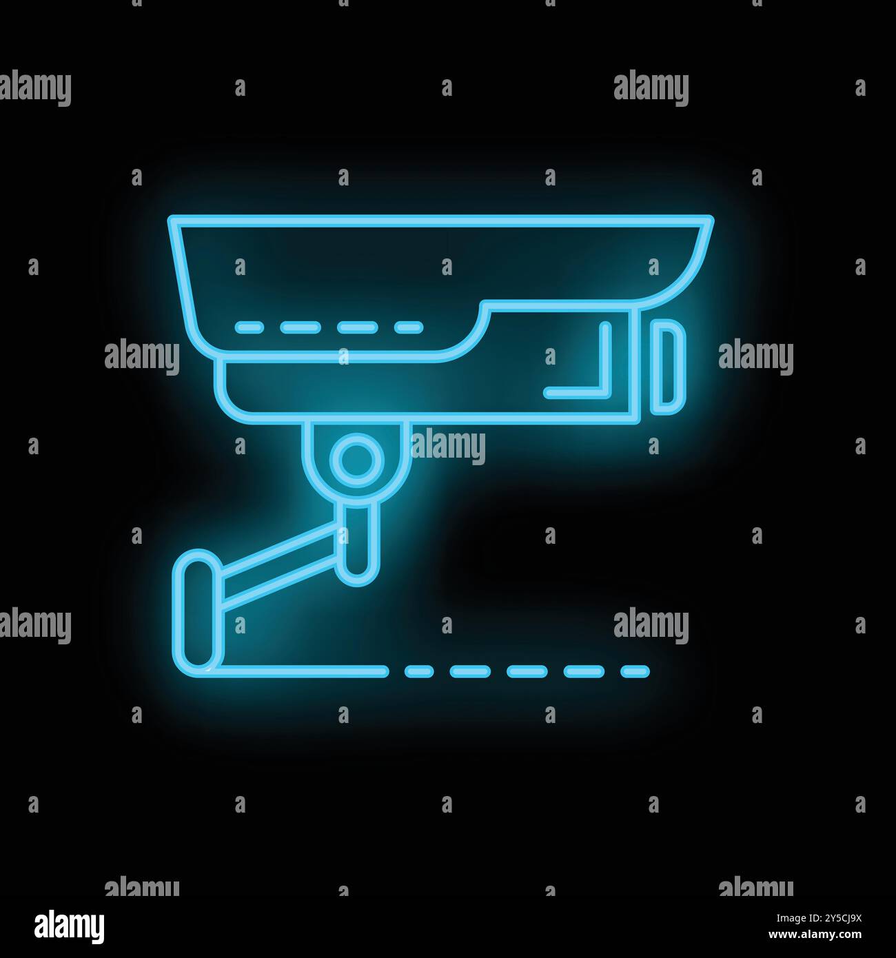 Blue neon icon of a cctv camera glowing on a dark background Stock ...