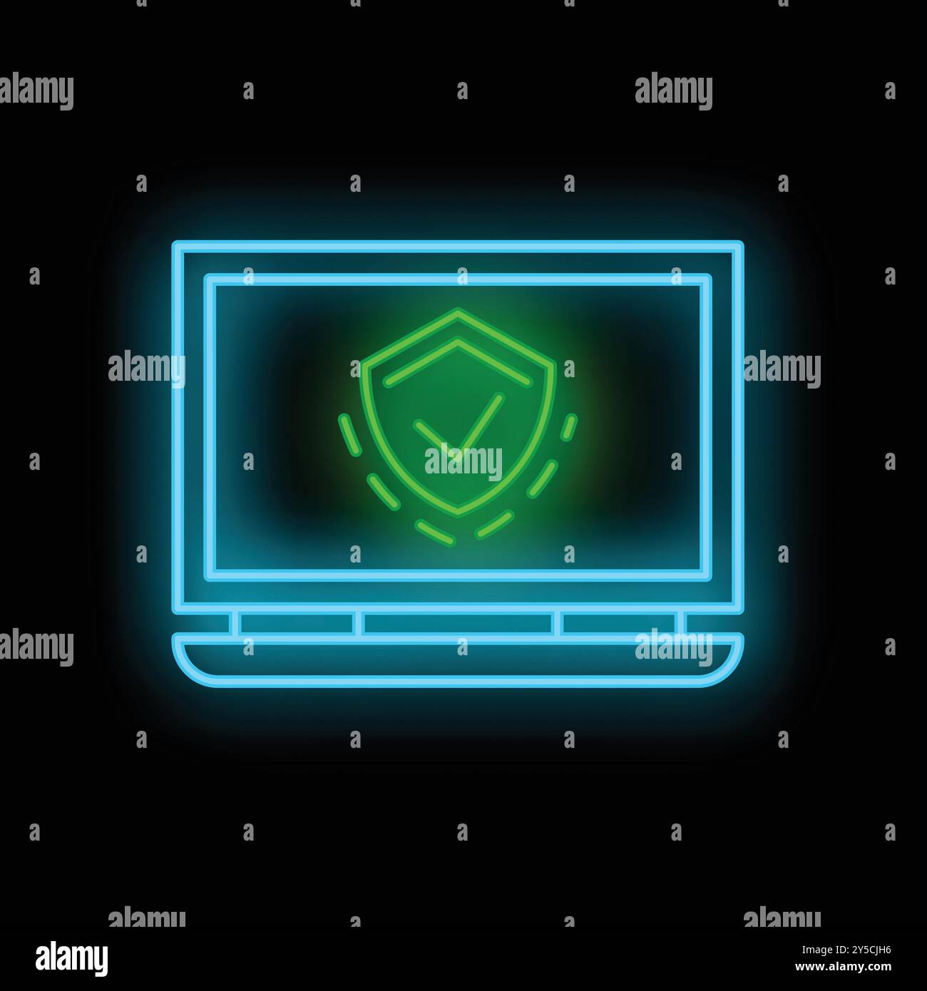 Neon green shield with checkmark displayed on a laptop screen, symbolizing cybersecurity and ...