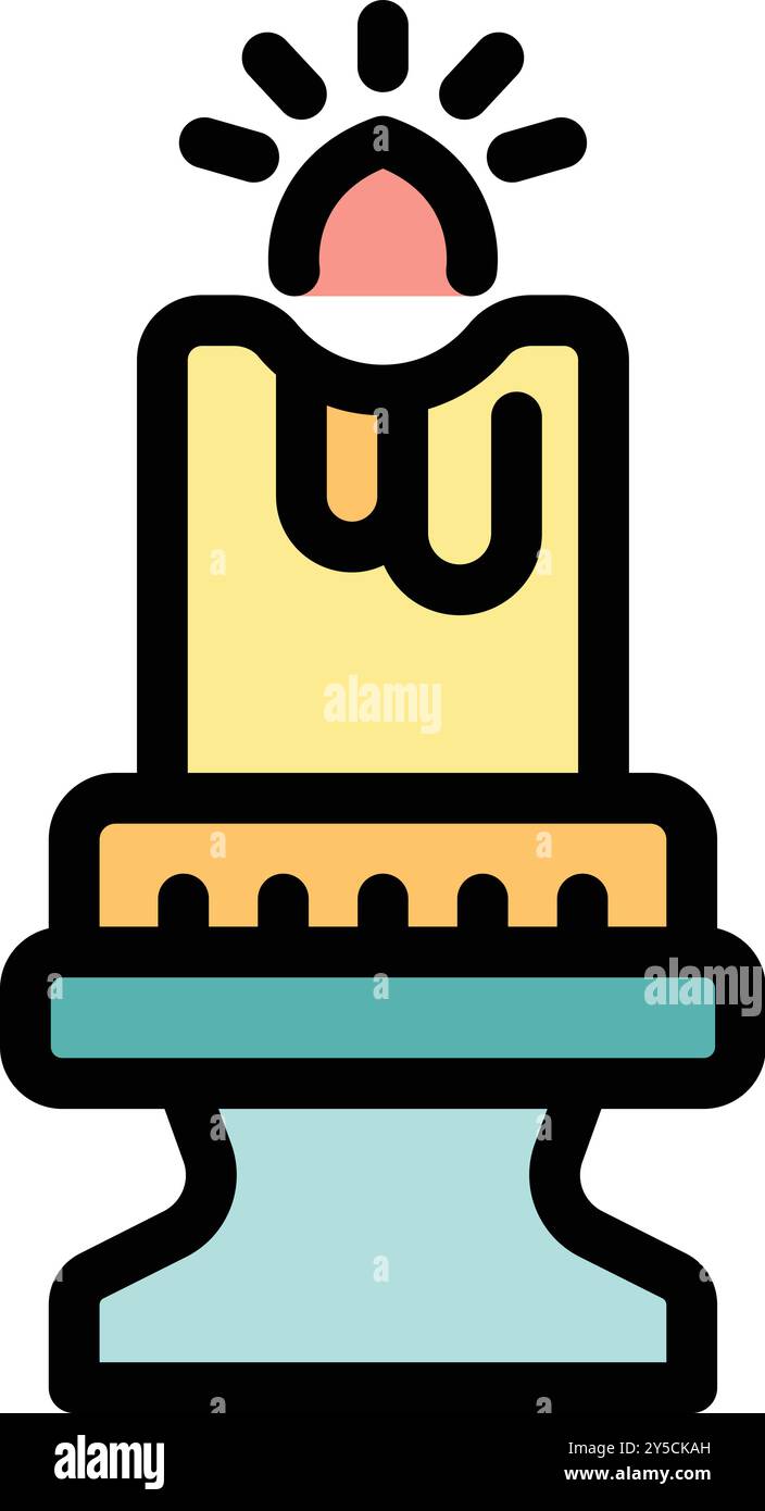 Cartoon style icon of a burning candle on a candlestick holder, melting ...